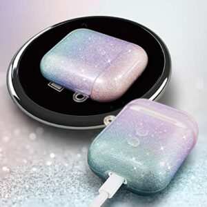 NZND Case Compatiable with Apple AirPods 1/2, Crystal Glitter Sparkle Bling, 360° Protective Cute Cover Carrying Case Girls Women with Rose Gold Keychain -Purple/Aqua