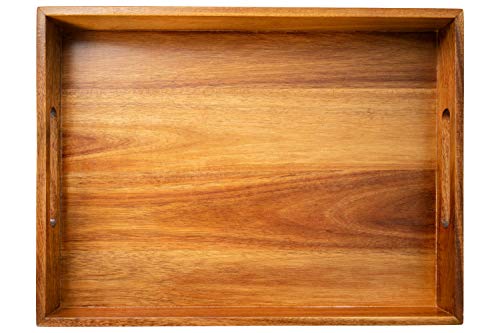 DecoVibe Acacia Wood Serving Tray with Handles - Rustic Wooden Tray for Living Room - Decorative Ottoman Wood Tray - 16" x 12" x 2" Large Food Trays for Ottomans, Coffee Table, Breakfast, Bed, Couch