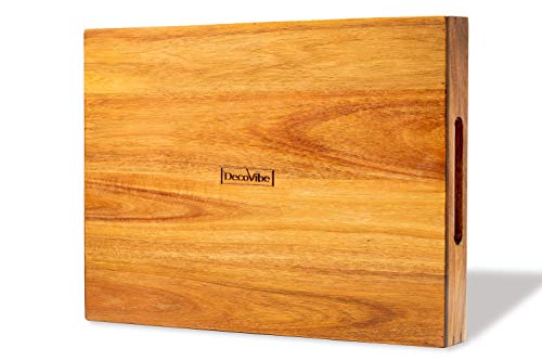 DecoVibe Acacia Wood Serving Tray with Handles - Rustic Wooden Tray for Living Room - Decorative Ottoman Wood Tray - 16" x 12" x 2" Large Food Trays for Ottomans, Coffee Table, Breakfast, Bed, Couch