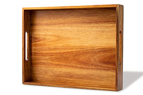 DecoVibe Acacia Wood Serving Tray with Handles - Rustic Wooden Tray for Living Room - Decorative Ottoman Wood Tray - 16" x 12" x 2" Large Food Trays for Ottomans, Coffee Table, Breakfast, Bed, Couch