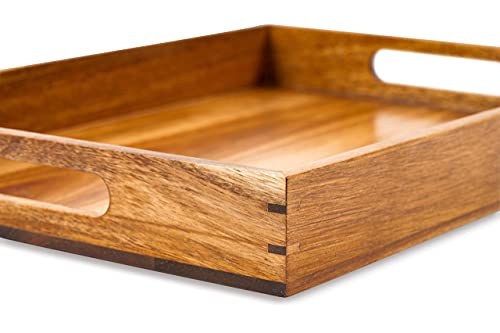 DecoVibe Acacia Wood Serving Tray with Handles - Rustic Wooden Tray for Living Room - Decorative Ottoman Wood Tray - 16" x 12" x 2" Large Food Trays for Ottomans, Coffee Table, Breakfast, Bed, Couch