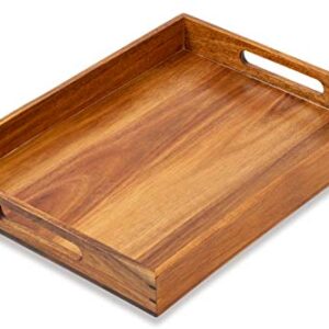 DecoVibe Acacia Wood Serving Tray with Handles - Rustic Wooden Tray for Living Room - Decorative Ottoman Wood Tray - 16" x 12" x 2" Large Food Trays for Ottomans, Coffee Table, Breakfast, Bed, Couch