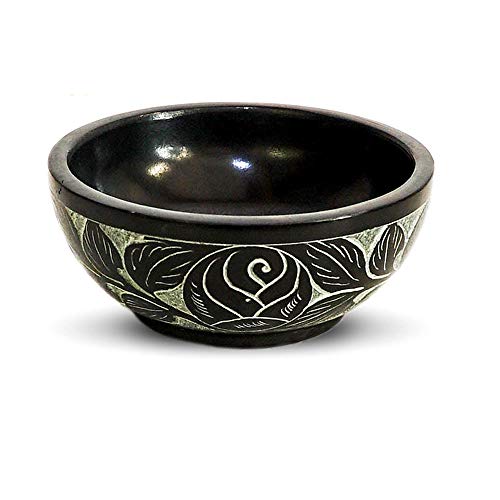 Kaizen Casa Hand Carved Natural Stone Bowl, Smudge Bowl, Stone Bowl, Smudge Pot, White Leaf Carved Design |Size_5” x 2” – Black | Ritual Bowl Display Bowl Jewelry Dish Kitchen Table Decor Gift.