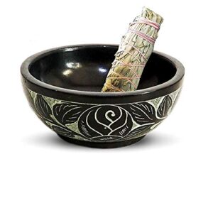 Kaizen Casa Hand Carved Natural Stone Bowl, Smudge Bowl, Stone Bowl, Smudge Pot, White Leaf Carved Design |Size_5” x 2” – Black | Ritual Bowl Display Bowl Jewelry Dish Kitchen Table Decor Gift.