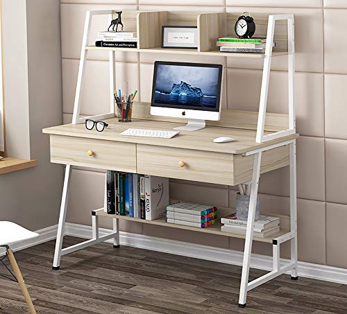 Modern Computer Desk with Bookshelf,Multi-Layer Storage Shelves 2 Drawers,Study Writing Table Gaming Table for Home Office