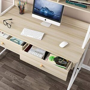 Modern Computer Desk with Bookshelf,Multi-Layer Storage Shelves 2 Drawers,Study Writing Table Gaming Table for Home Office