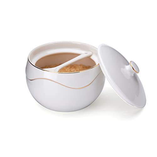 KITCHENDAO Porcelain Sugar Bowl with Lid and Spoon – Dust Free- Ceramic Sugar Holder Container for Countertop Kitchen Coffee, Dishwasher Oven Freezer Safe, 11OZ