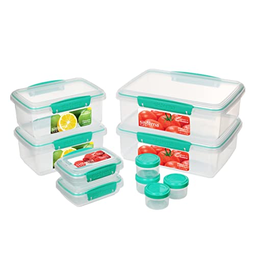 Sistema 10 Piece Food Storage Containers with Salad Dressing and Condiment Containers and Lids for Meal Prep, Dishwasher Safe, Clear/Green