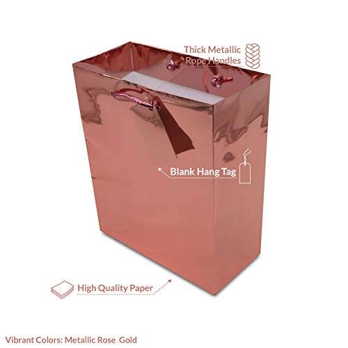 Rose Gold Gift Bags - 12 Pack Medium Rose Gold Foil Gift Bags with Handles, Designer Paper Gift Wrap Bags for Birthdays, Party Favors, Baby Shower, Bachelorette, Weddings, Holiday Gifts, Bulk – 7.5x3.5x9