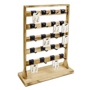 ikee design wooden jewelry display rack with 20 hooks, earring card display holder stand with hooks, jewelry tower for earring cards, necklaces, keychains, oak color