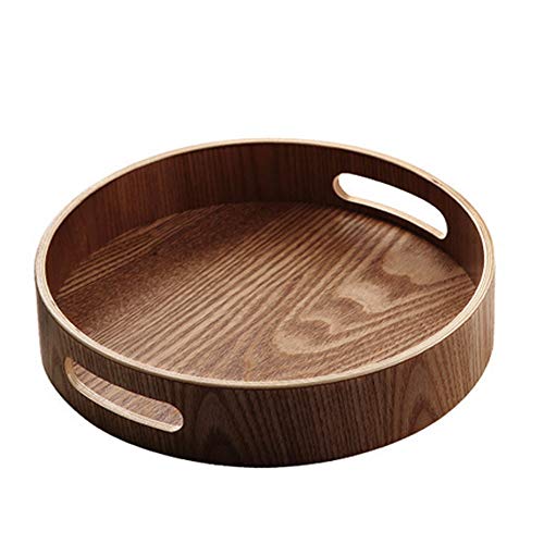 Lheng Bamboo Wood Natural Serving Tray, Raised Edge, Food Tray,Cut-Out Handles Round LC-2904N