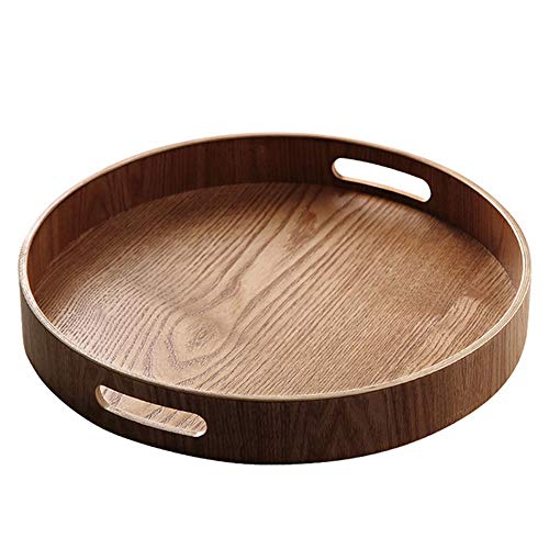 Lheng Bamboo Wood Natural Serving Tray, Raised Edge, Food Tray,Cut-Out Handles Round LC-2904N