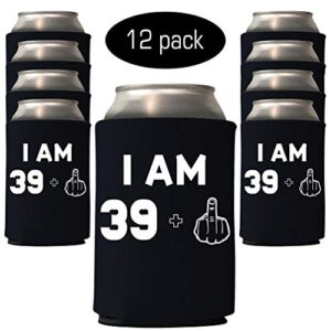 Veracco I AM 39+1 Middle Finger Years Can Coolie Holder 40th Birthday Gift Forty and Fabulous Party Favors Decorations (Black, 12)