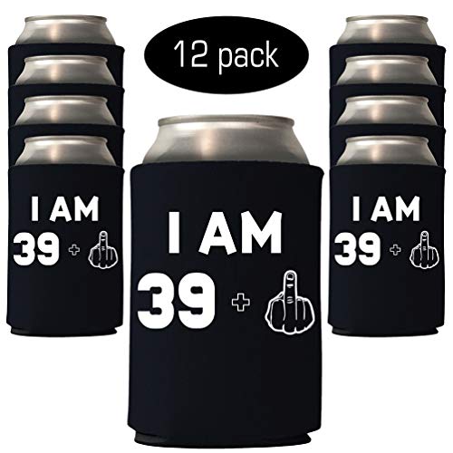 Veracco I AM 39+1 Middle Finger Years Can Coolie Holder 40th Birthday Gift Forty and Fabulous Party Favors Decorations (Black, 12)