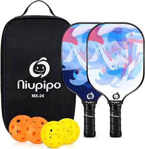 niupipo pickleball paddles, pickleball paddles set of 2, fiberglass surface, polypropylene honeycomb core, cushion grip, lightweight pickleball, portable carry bag, white