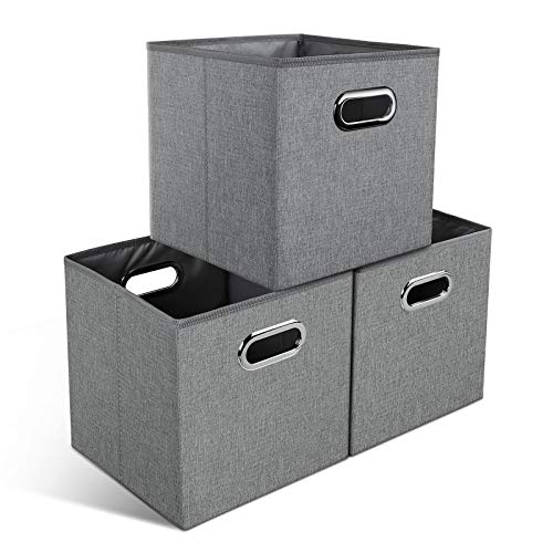 YOOFAN 11x11x11 Foldable Storage Bins -Storage Cube Boxes with Metal Handles for Closet Shelves Cube Organizer, Grey, Set of 3