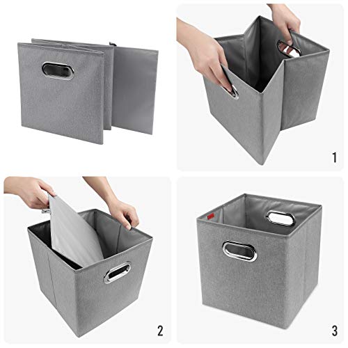 YOOFAN 11x11x11 Foldable Storage Bins -Storage Cube Boxes with Metal Handles for Closet Shelves Cube Organizer, Grey, Set of 3