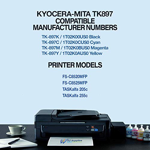 AZ SUPPLIES Compatible Toner Cartridge Replacement for Kyocera TK-897 1T02K00US0 1T02K0CUS0 1T02K0BUS0 1T02K0AUS0 FS-C8520MFP FS-C8525MFP TASKalfa 205c TASKalfa 255c (Black, Cyan, Magenta, Yellow)