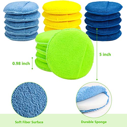 20 Pieces 5 Inch Cars Microfiber Wax Foam Applicator Pads with Finger Pocket, Wax Polishing Pad Applicator Cleaning Pads Microfiber Round Foam Sponge for Car Hand Polish, Yellow Green Blue Dark Blue