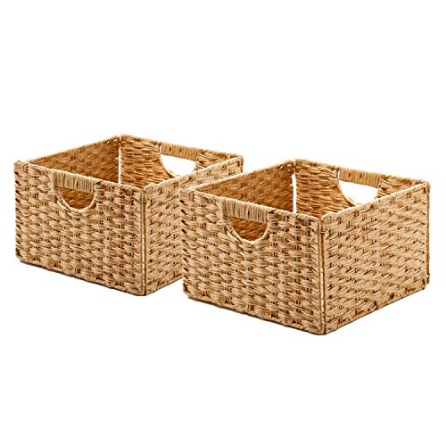 Seville Classics Premium Hand Woven Portable Laundry Bin Basket with Built-in Handles, Household Storage for Clothes, Linens, Sheets, Toys, Tan, Rectangular (2-Pack)