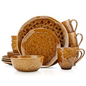 stone lain porcelain 16 piece dinnerware set, thumbprint pattern, brown