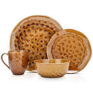 Stone Lain Porcelain 16 Piece Dinnerware set, Thumbprint Pattern, Brown