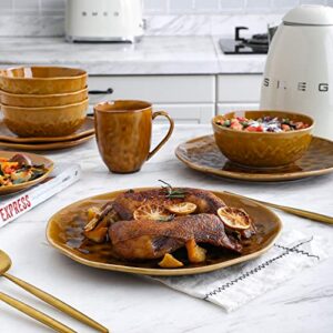 Stone Lain Porcelain 16 Piece Dinnerware set, Thumbprint Pattern, Brown