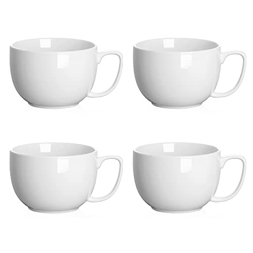 Teocera Porcelain Large Coffee Mugs Set, Jumbo Mugs, Soup Bowls with Handles, 24 Ounce for Coffee, Hot Cocoa, Cereal - Set of 4, White