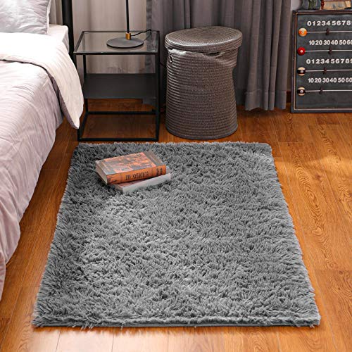 BAYKA Machine Washable Fluffy Area Rug Indoor Ultra Soft Shag Area Rug for Bedroom, Non-Slip Floor Carpet for Kids Home Decor Nursery Rug 3x5 Grey