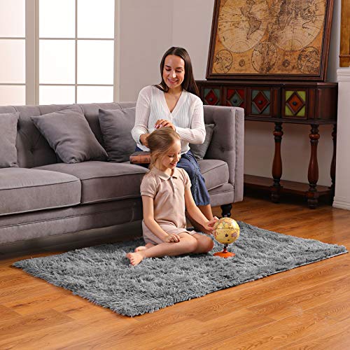 BAYKA Machine Washable Fluffy Area Rug Indoor Ultra Soft Shag Area Rug for Bedroom, Non-Slip Floor Carpet for Kids Home Decor Nursery Rug 3x5 Grey