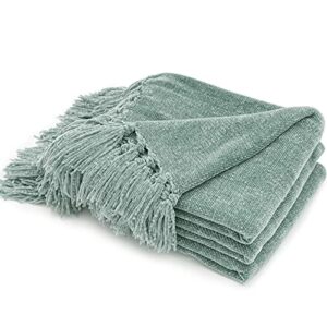 recyco throw blanket soft cozy chenille throw blanket with fringe tassel for couch sofa chair bed living room gift (sage, 50'' x 60'')