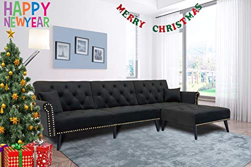 Zushule Convertible Sectional Couch with Chaise Lounge for Living Room, Comfy Velvet Fabric L-Shaped Reversible Reclining Sofa with 3 Seats and Pillows, for Small Apartment and Spaces - (Black)