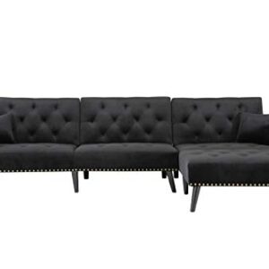 Zushule Convertible Sectional Couch with Chaise Lounge for Living Room, Comfy Velvet Fabric L-Shaped Reversible Reclining Sofa with 3 Seats and Pillows, for Small Apartment and Spaces - (Black)