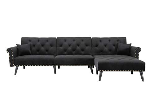 Zushule Convertible Sectional Couch with Chaise Lounge for Living Room, Comfy Velvet Fabric L-Shaped Reversible Reclining Sofa with 3 Seats and Pillows, for Small Apartment and Spaces - (Black)