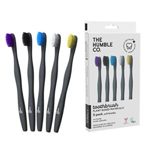 the humble co. natural toothbrush (5pk) - sustainable, vegan eco friendly toothbrushes with bpa free bristles, plant based black toothbrush for superior oral care (soft bristles)