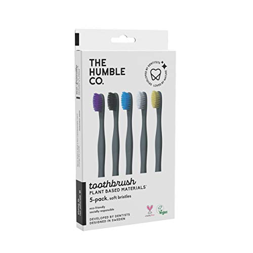 The Humble Co. Natural Toothbrush (5pk) - Sustainable, Vegan Eco Friendly Toothbrushes with BPA Free Bristles, Plant Based Black Toothbrush for Superior Oral Care (Soft Bristles)