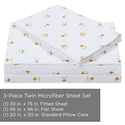 Juicy Couture – Sheet Set | Queen Bee Design Bed Sheets| Twin Size Bedding | 3 Piece Set Fitted Sheet, Flat Sheet and Pillowcase | Deep Pockets, Wrinkle Resistant and Anti Pilling | White and Gold