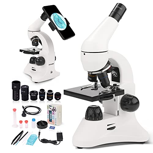 Microscope for Adults Students, 40X-2000X Magnification Dual LED Illumination Metal Body Optical Glass Lens Beginners Monocular Microscope with Prepared Slides Phone Adapter