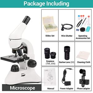 Microscope for Adults Students, 40X-2000X Magnification Dual LED Illumination Metal Body Optical Glass Lens Beginners Monocular Microscope with Prepared Slides Phone Adapter