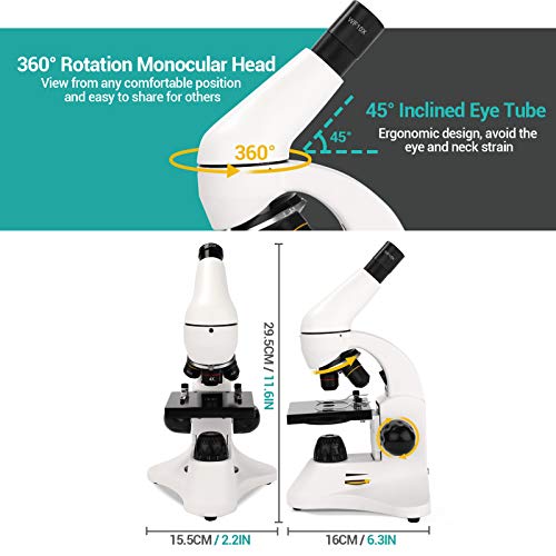 Microscope for Adults Students, 40X-2000X Magnification Dual LED Illumination Metal Body Optical Glass Lens Beginners Monocular Microscope with Prepared Slides Phone Adapter