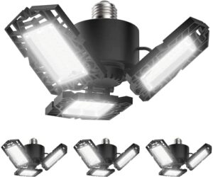 4-pack led garage lights, 50w led shop light with 3 ultra bright adjustable panels, 5000lm 6500k deformable ceiling lights for garage, attic, basement, e26/e27 base