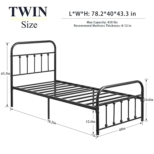 VECELO Metal Platform Bed Frame, Mattress Foundation with Headboard & Footboard,No Box Spring Needed,Twin Size