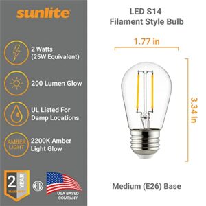 Sunlite 81073-SU LED S14 Filament Style String Light Bulb, ETL Listed, 2 Watts (25W Equivalent), 200 Lumens, Medium Base (E26), Dimmable, 2700K Warm White, 1 Count