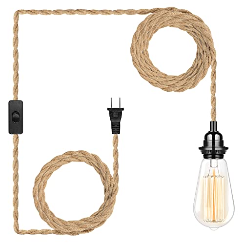 Plug in Hanging Light Fixture, 15FT Pendant Lamp Lights Cord with Switch Cord E26 Bulbs Socket, Industrial DIY Twisted Hemp Rope Overhead Lamps for Farmhouse Bedroom Home Lighting Decors