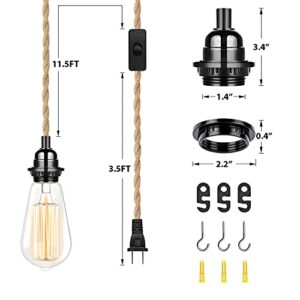 Plug in Hanging Light Fixture, 15FT Pendant Lamp Lights Cord with Switch Cord E26 Bulbs Socket, Industrial DIY Twisted Hemp Rope Overhead Lamps for Farmhouse Bedroom Home Lighting Decors