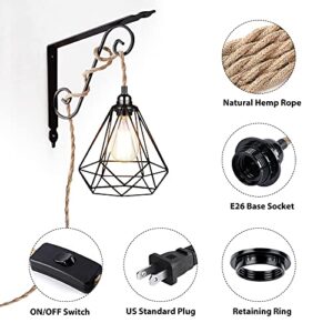 Plug in Hanging Light Fixture, 15FT Pendant Lamp Lights Cord with Switch Cord E26 Bulbs Socket, Industrial DIY Twisted Hemp Rope Overhead Lamps for Farmhouse Bedroom Home Lighting Decors