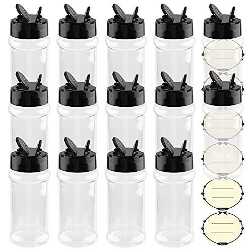 TUZAZO 3 oz Clear Plastic Spice Jar with Shaker Lids and Labels, Empty Spice Jars Bottles Plastic Seasoning Containers for Storing Spice, Herbs and Seasoning Powders (14 Pack)