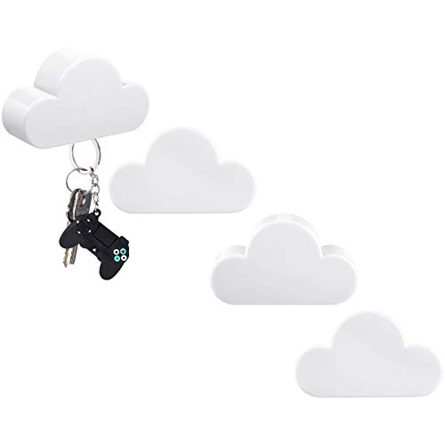 4 Pieces Magnetic Key Holder Cloud Magnetic Wall Key Rack Organizer Key Chains Hooks with Adhesive for Wall Door, Entryway, Foyer (White)