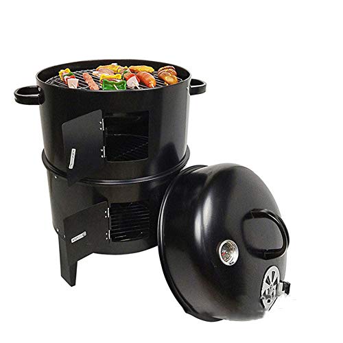 无 3 in 1 Round Charcoal BBQ Grill & Smoker, with Thermometer and Air Vent, Outdoor Grilling and Cooking, 84 x 40cm- Black