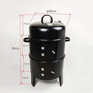 无 3 in 1 Round Charcoal BBQ Grill & Smoker, with Thermometer and Air Vent, Outdoor Grilling and Cooking, 84 x 40cm- Black